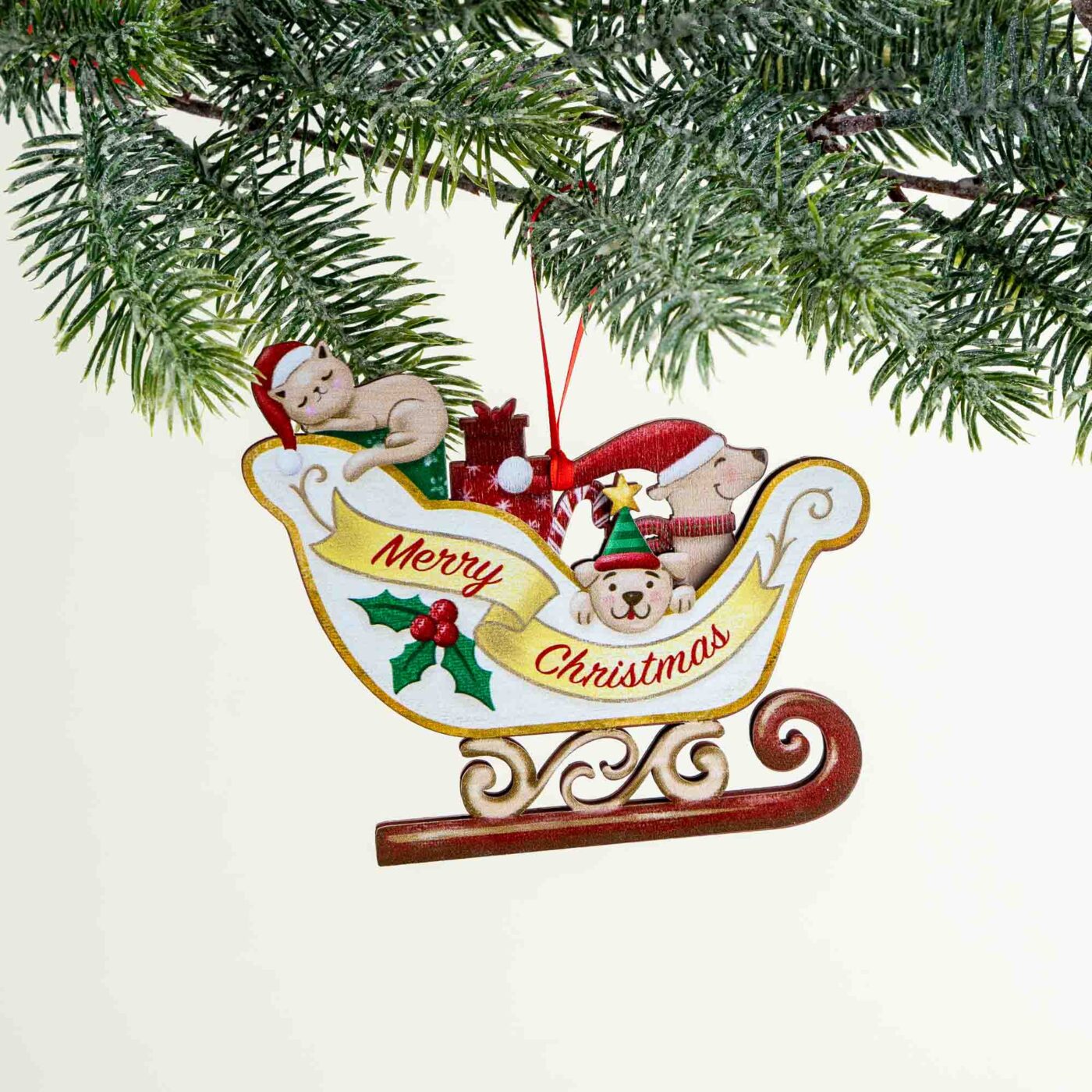 Free Merry Christmas Sleigh Wooden Cat Ornament - iHeartCats.com