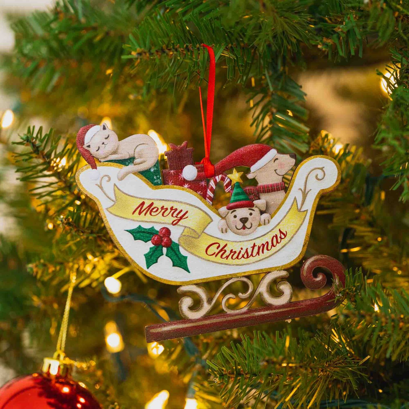Free Merry Christmas Sleigh Wooden Cat Ornament - iHeartCats.com