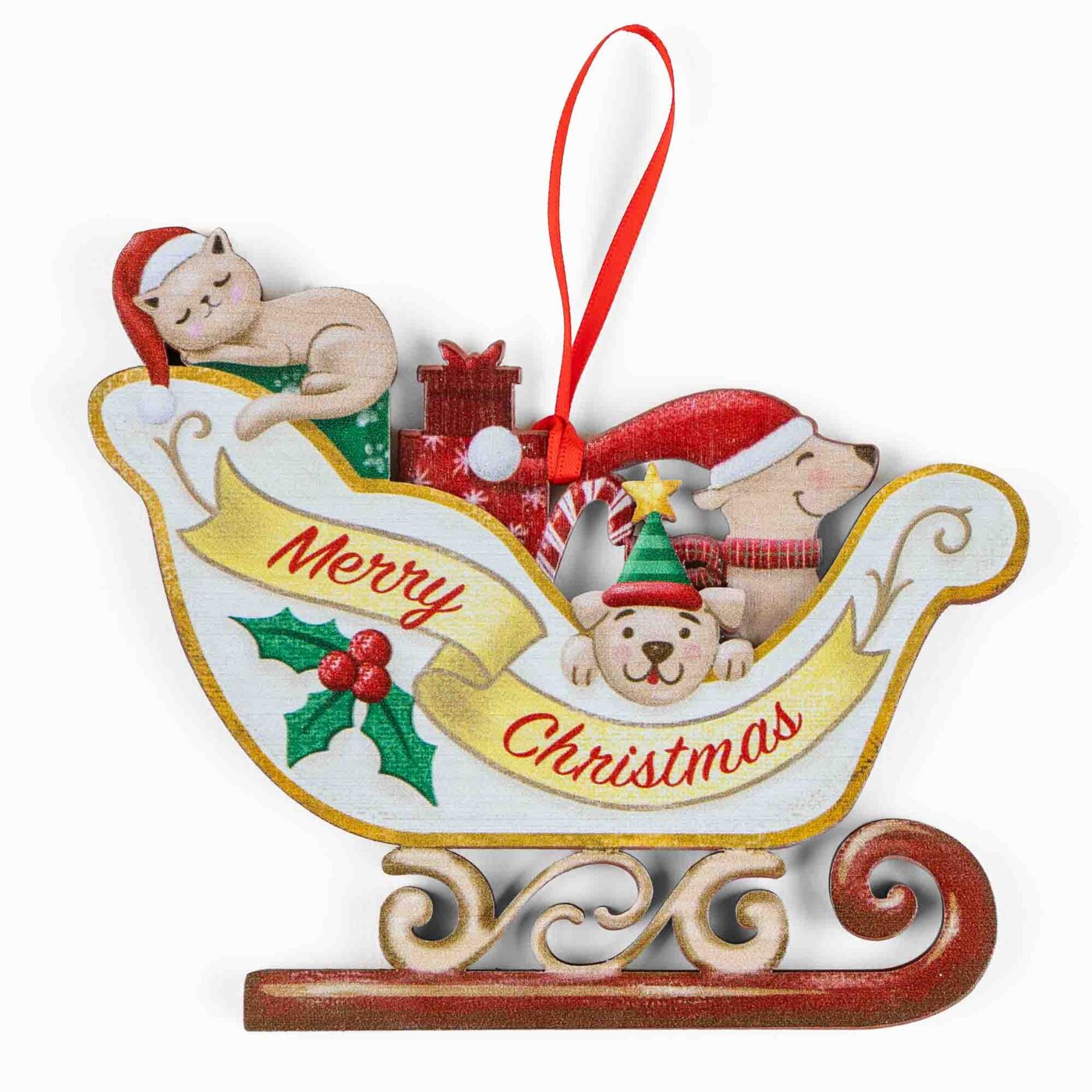 Free Merry Christmas Sleigh Wooden Cat Ornament - iHeartCats.com