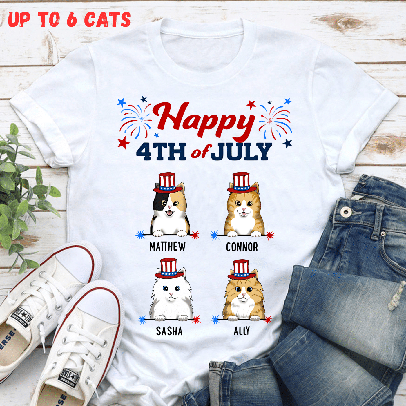 Happy 4th Of July Cats Personalized Standard Tee White– Choose Your Cat ...
